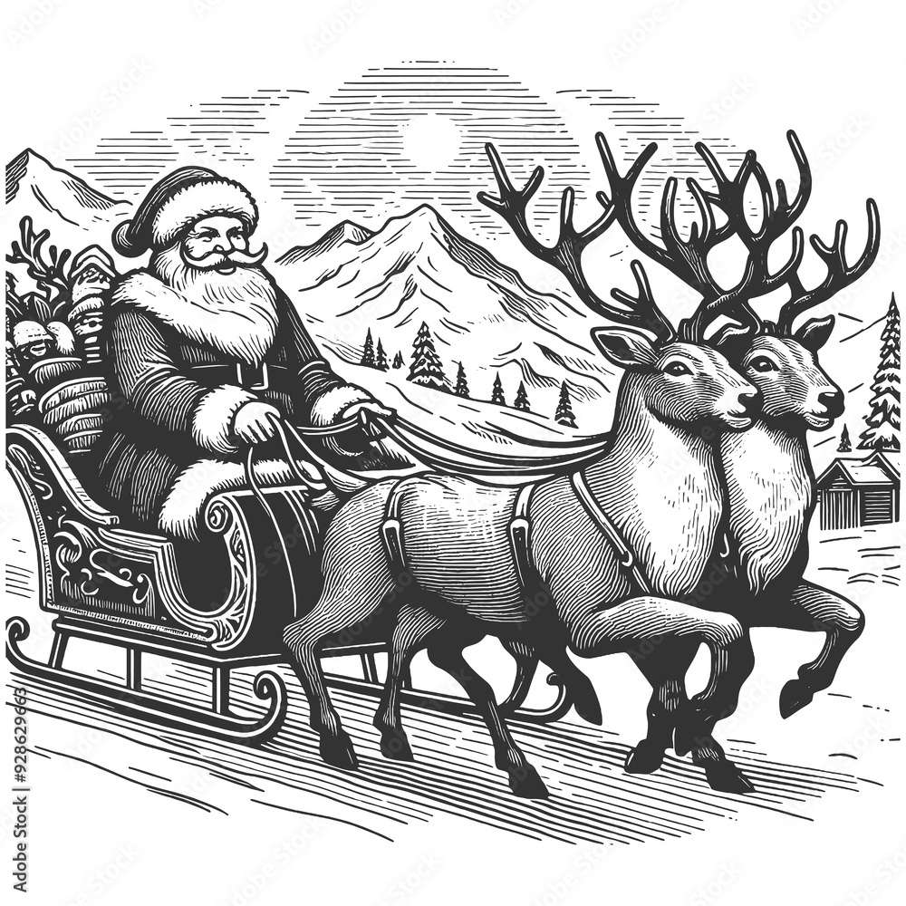 Santa Claus riding sleigh pulled by two reindeer, Christmas spirit in ...