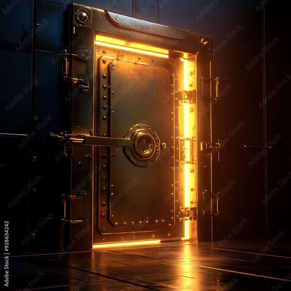 Bank vault door opening to a golden glow, secure savings, 3D ...