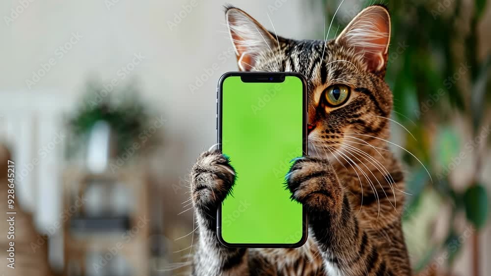 Cat portrait paw holding chroma key phone, touching, clicking, tapping ...