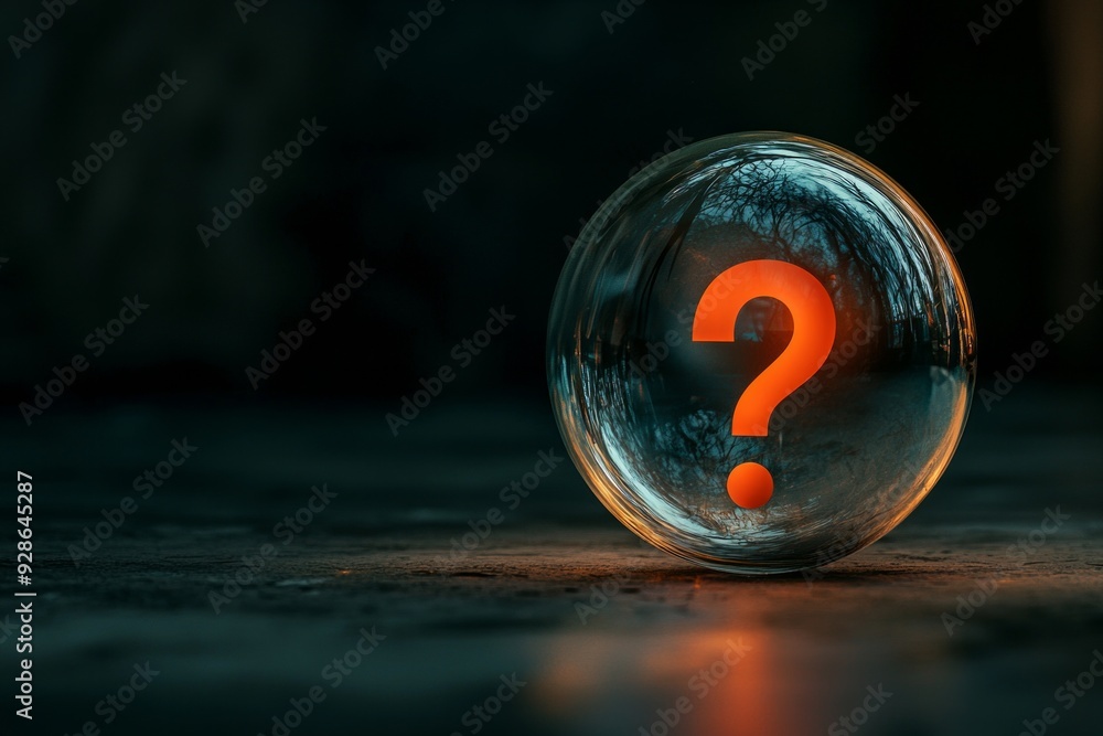 A question mark icon floating in a glass sphere, representing a ...