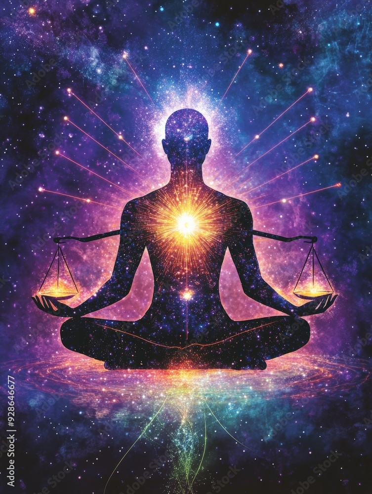 A cosmic figure meditating with scales, radiating light and energy ...