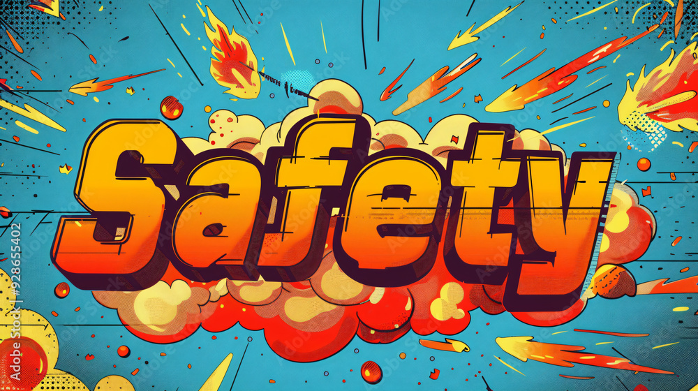 Dynamic comic-style safety image radiates energy and immediacy. Retro ...
