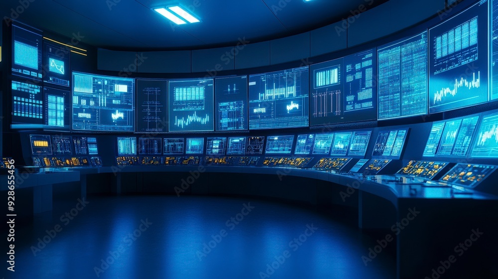 A futuristic control room with multiple monitors displaying data and ...