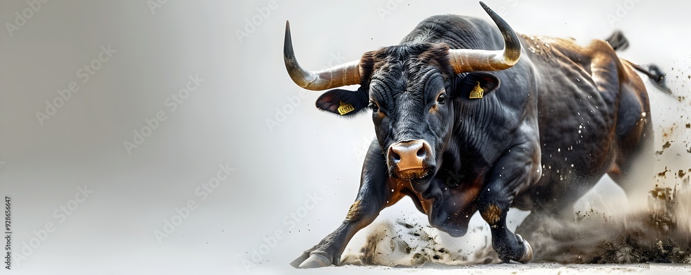 Powerful Bull Charging with Prominent Muscles and Horns on White ...
