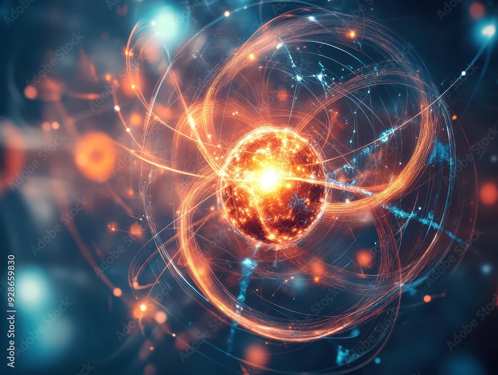 Abstract representation of atomic mechanics, electrons spiraling around ...