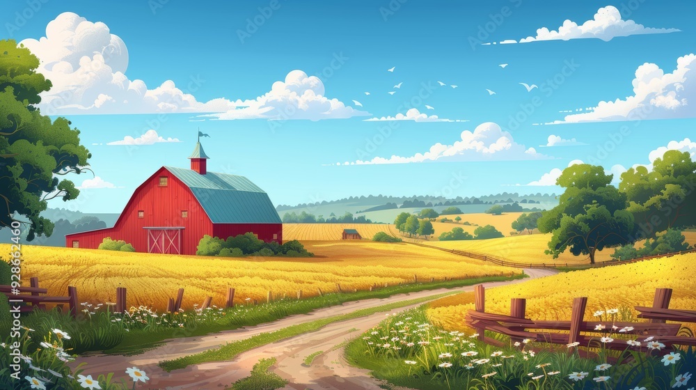 Cartoon vector rustic farmhouse with a large barn and open fields in ...