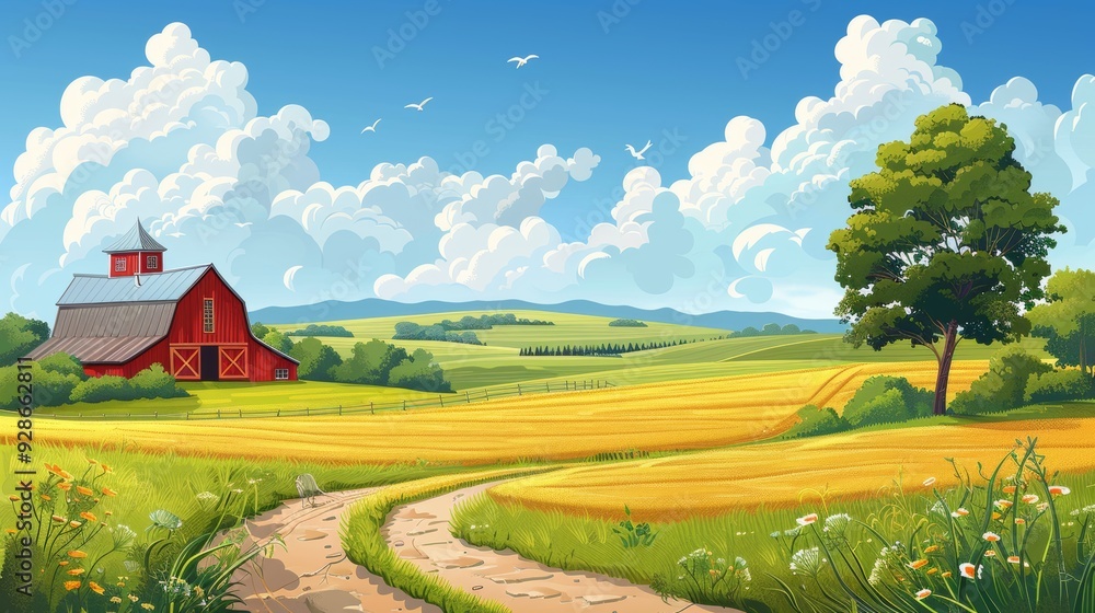 Cartoon vector rustic farmhouse with a large barn and open fields in ...