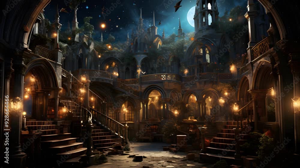 A magical, whimsical fantasy library with an enchanting moonlit sky ...