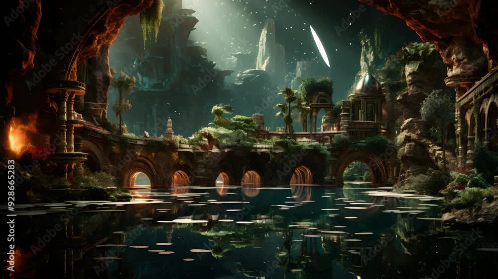 A magical and mystical fantasy world with a beautiful and serene lake ...