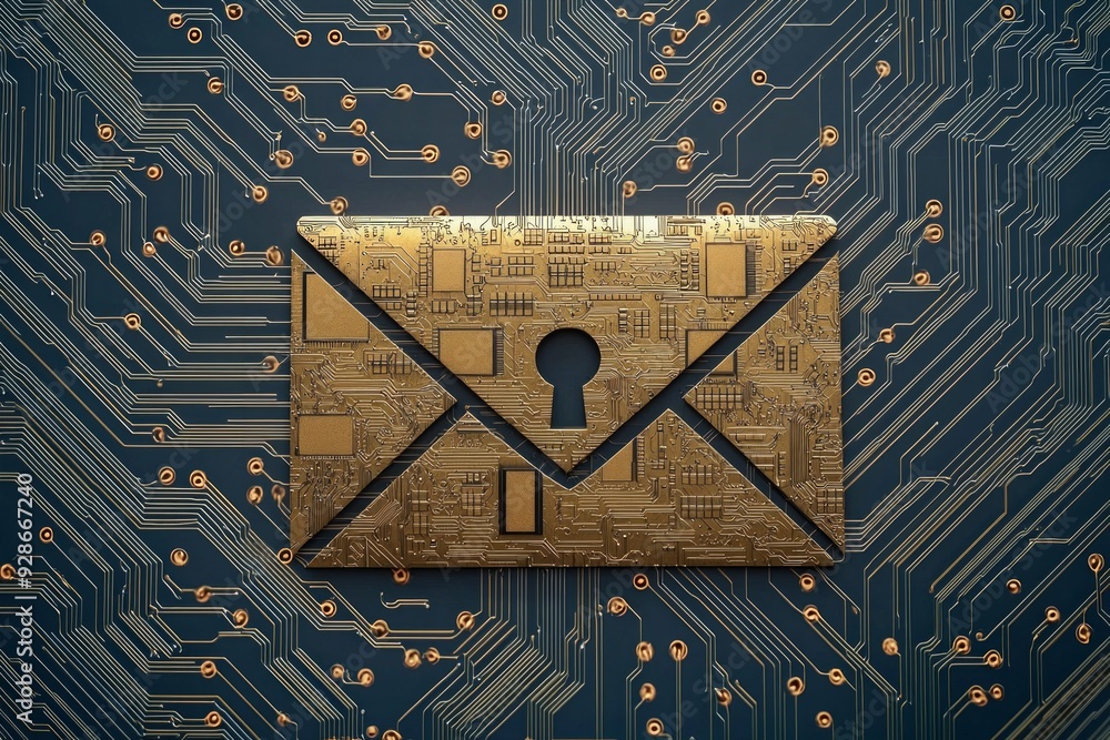 An encrypted email icon with an envelope made of digital circuitry, and ...