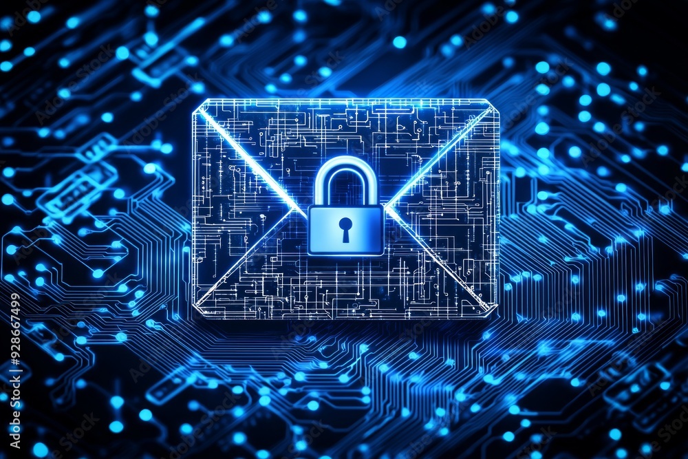 An encrypted email icon with an envelope made of digital circuitry, and ...