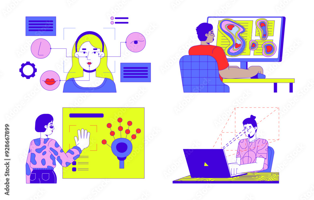 Eye tracking technology biometrics 2D illustration concepts set ...