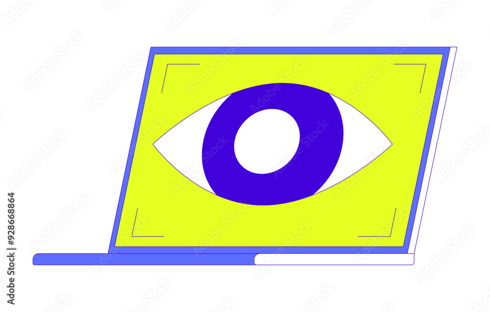 Laptop eye tracking 2D cartoon object. Monitoring surveillance notebook ...