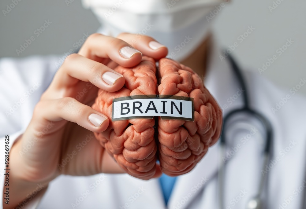 Doctor with a brain in hand, clearly labeled "Brain" for educational ...