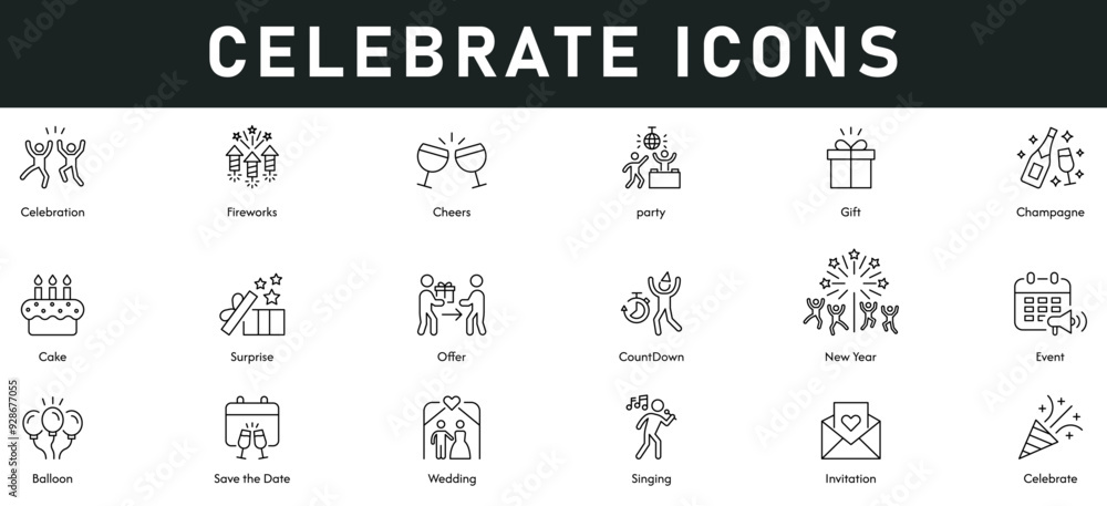 Celebrate Icons vector illustration with thin line editable stroke ...