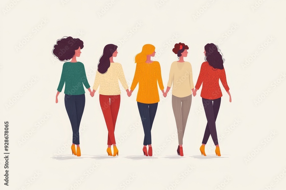 Women can do it. Four female characters walk up together and hold arms ...