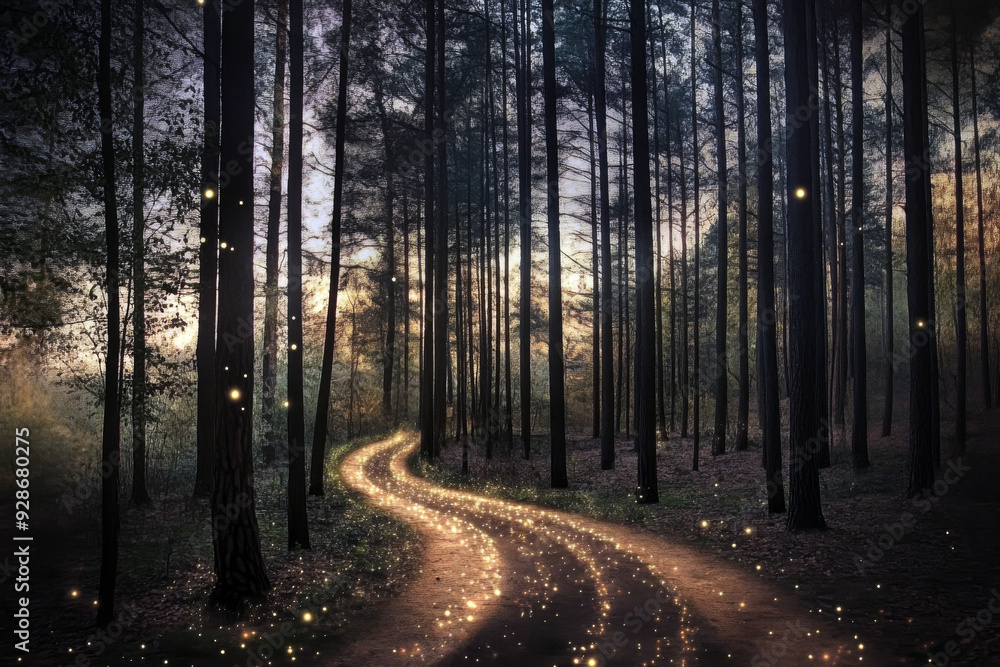 The winding path through the forest is illuminated by glowing globes of light, creating a ...