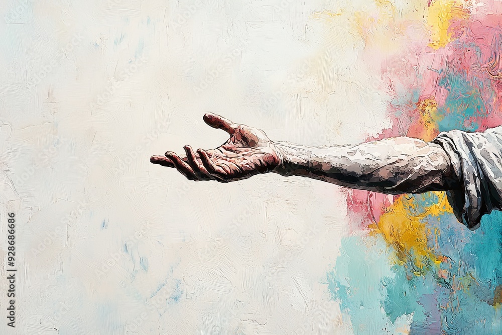 Jesus reaching out to the lost, set against a backdrop of soft pastel ...