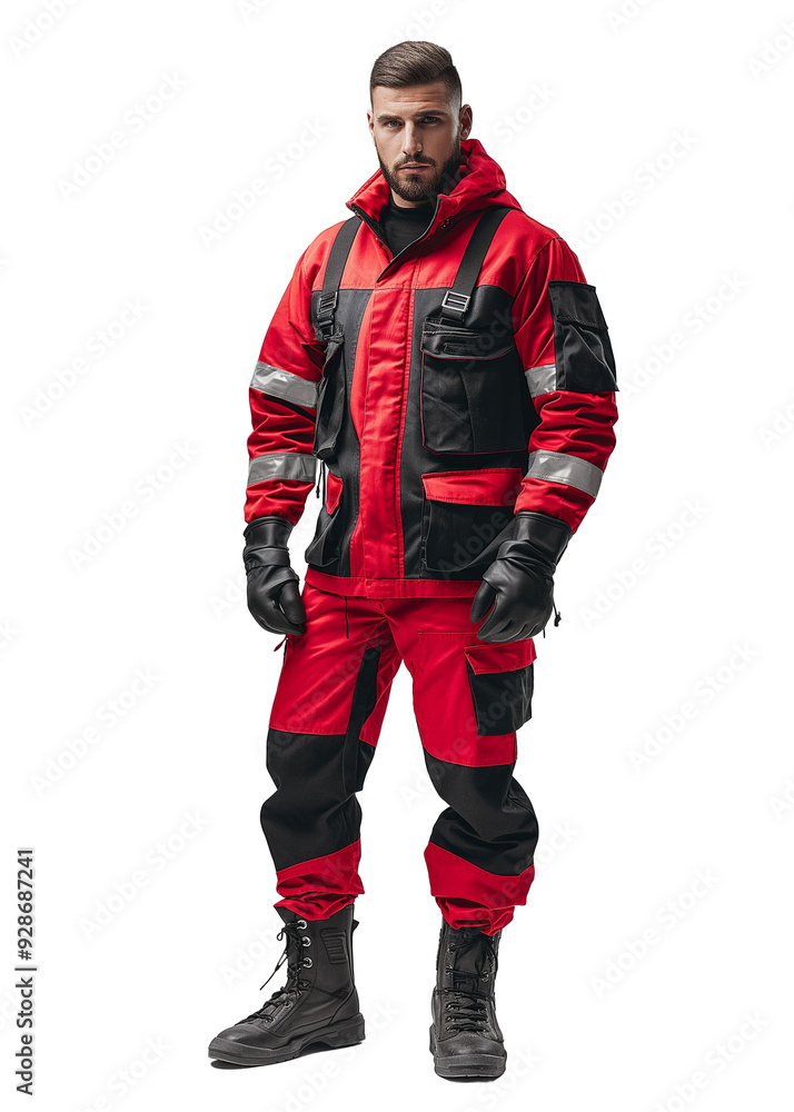 Man in red work suit with boots cut out from transparent background PNG ...