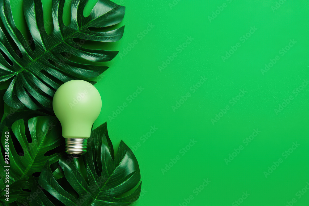 Green light bulb resting on tropical leaves against a green background ...