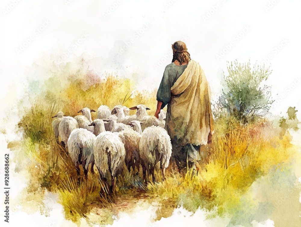 Jesus as a shepherd leading his flock, watercolor blending of natural ...