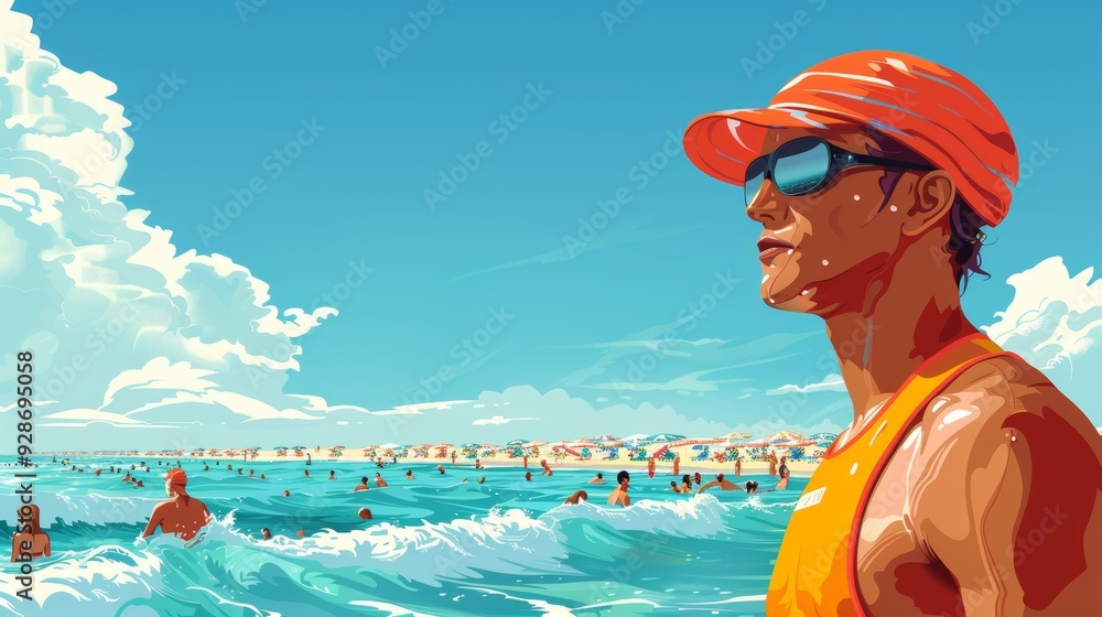 Cartoon vector lifeguard watching over swimmers at a busy beach Stock ...