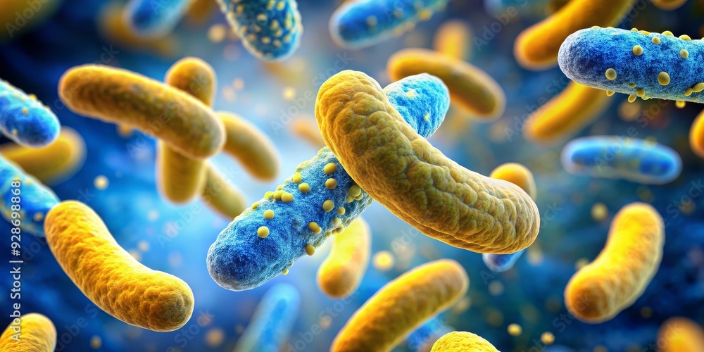 Microscopic View of Bacteria Blue and Yellow Rod-Shaped Microbes, 3D ...