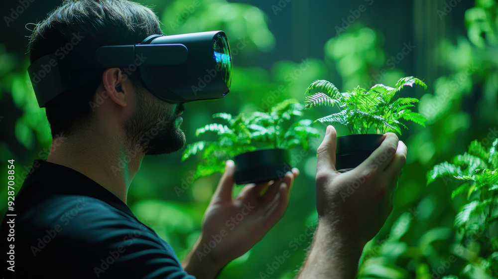 Man with VR headset exploring plants in greenhouse, showcasing the ...