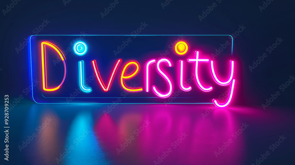 Colorful neon sign spelling out the word diversity is glowing on a dark ...