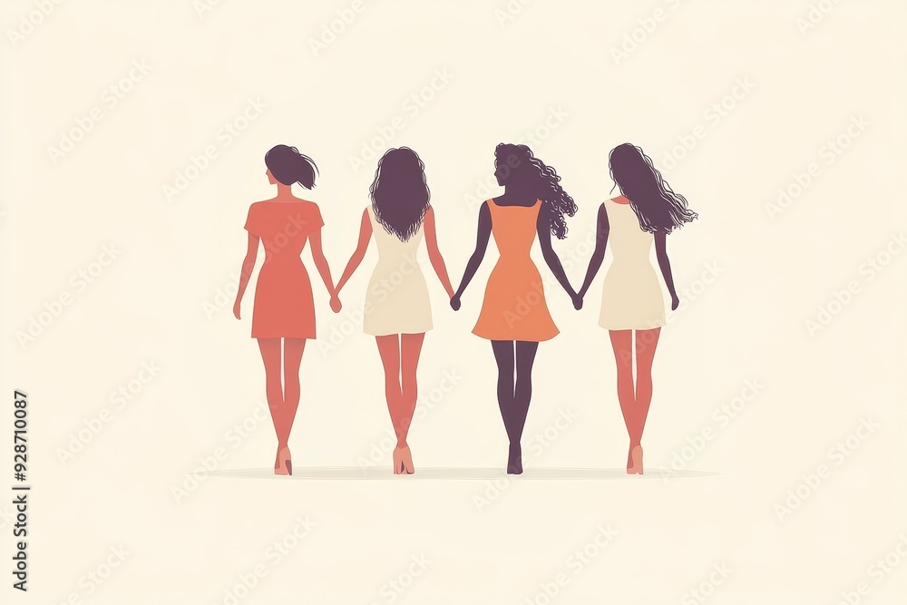 Women can do it. Four female characters walk up together and hold arms ...