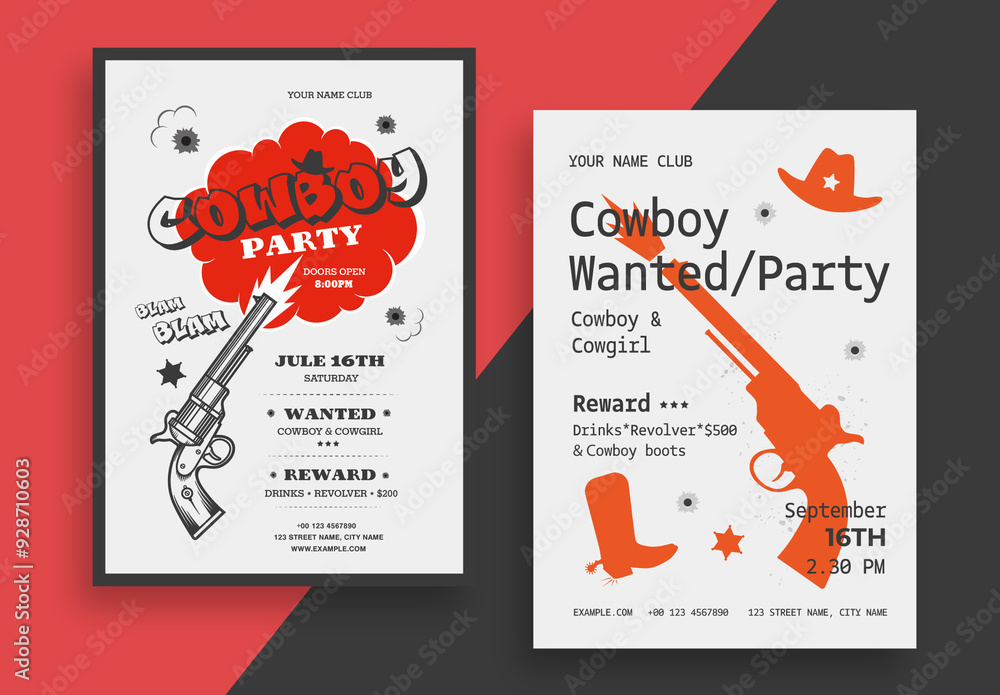 Cowboy Party Poster Template with Red Color Accents and Revolver Stock ...