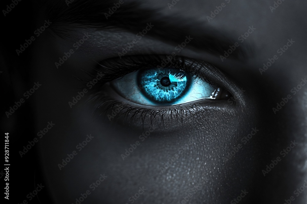 Woman's intense blue eye with a black sclera stares off camera ...