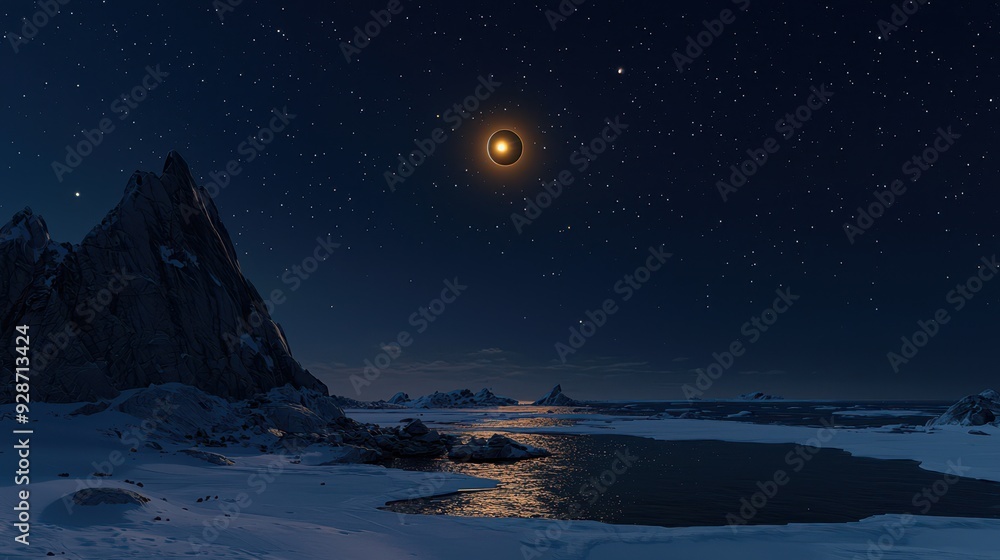 A solar eclipse casts an eerie glow over a snowy Arctic landscape under ...