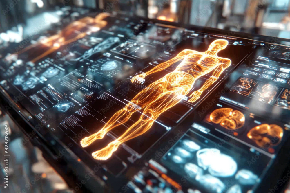 The high-tech medical interface displays a detailed anatomical diagram ...