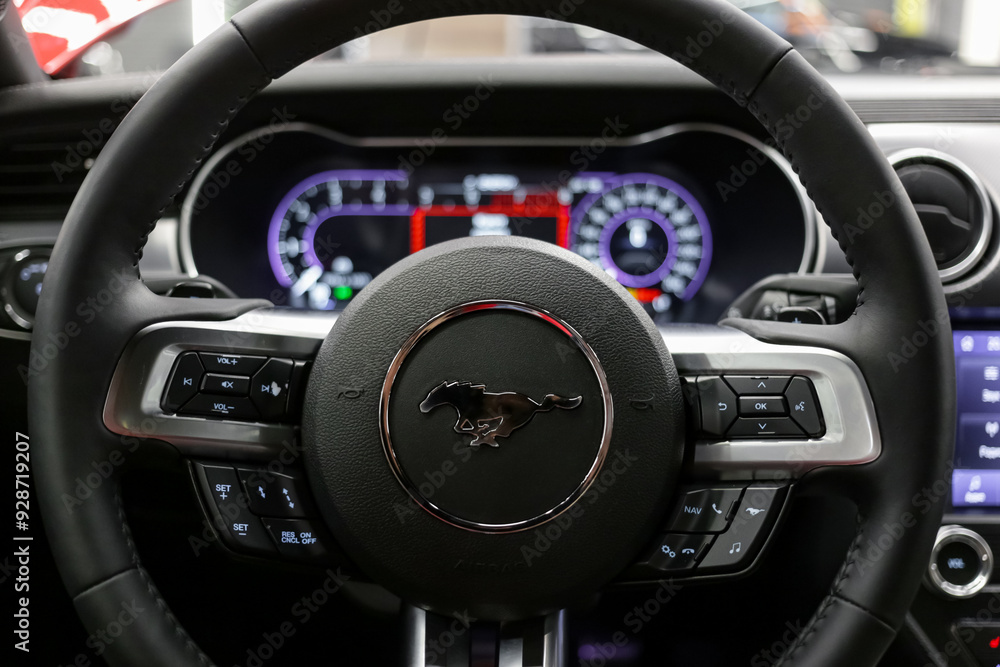 Steering wheel and Ford Mustang dashboard. Interior of a car Ford ...