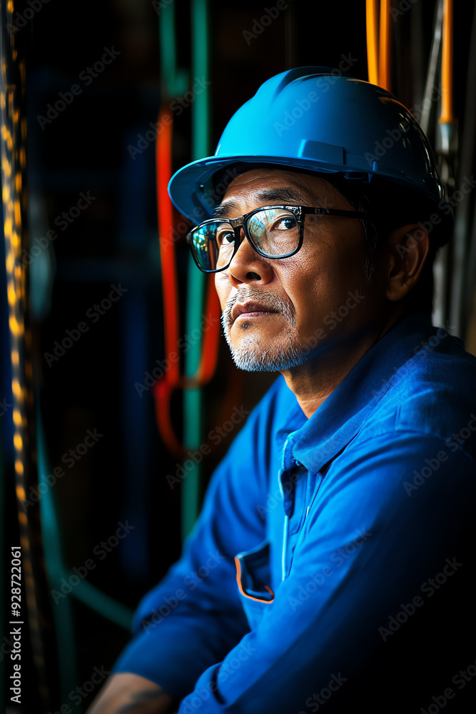 Industrial worker wearing a blue hard hat, looking thoughtful. Captured ...