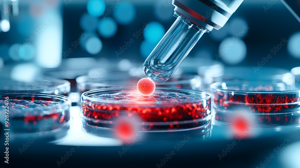 Detailed close-up of stem cells in petri dishes with advanced ...