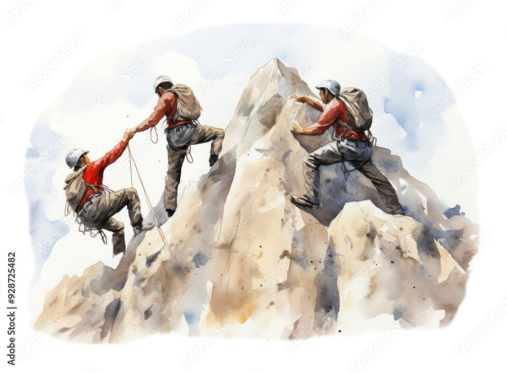 PNG Hand-drawn, watercolor illustration of Three rock climbers helping ...