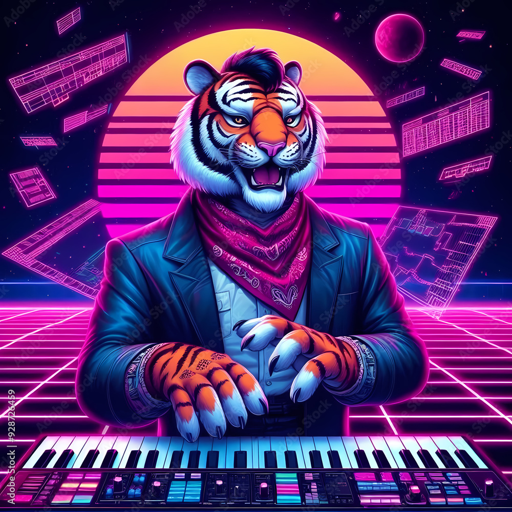 tiger, animal, synthwave, cat, vector, cartoon, illustration, wild ...