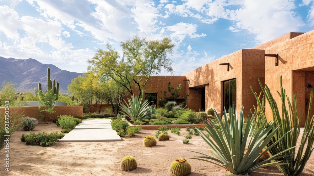Create a photo of a desert home exterior with adobe walls, shaded ...