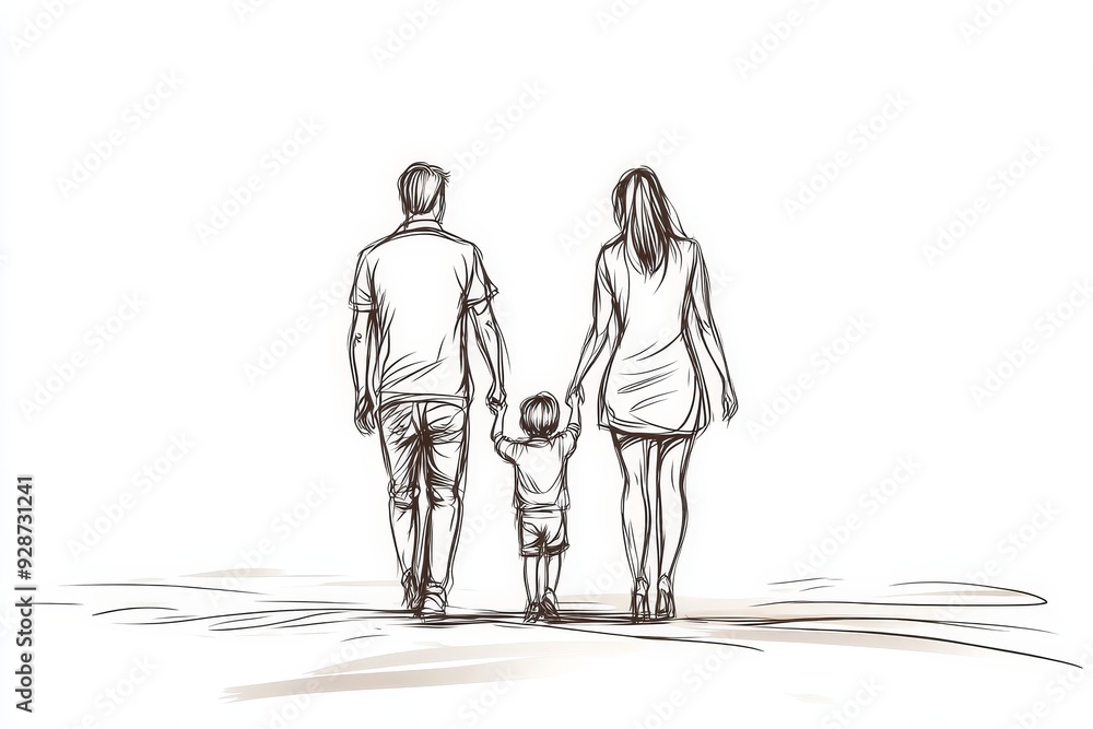 Happy family in continuous line art drawing style. Front view of ...