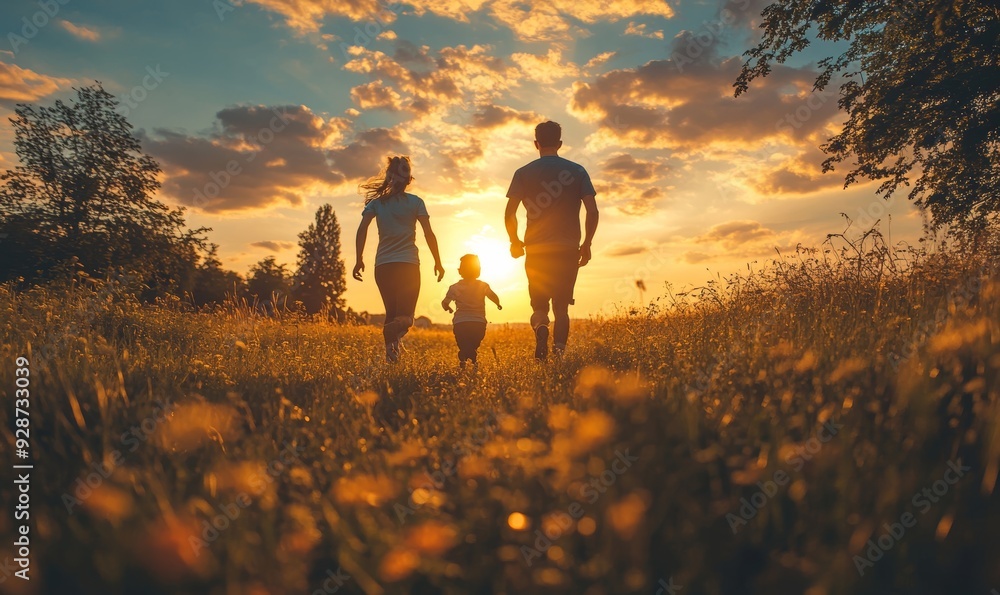 child mother father running sunset. happy family sunny run., child ...