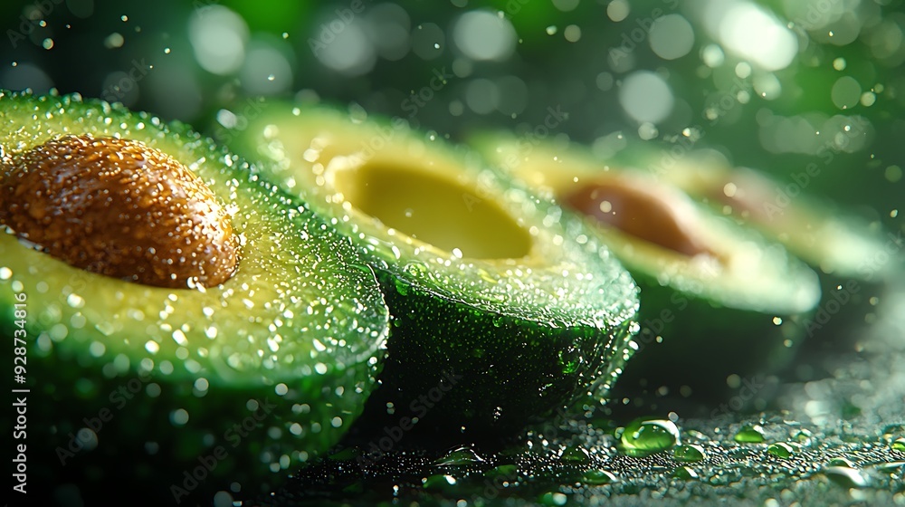 Ultra-realistic zoomed-in view of multiple avocados, capturing their ...