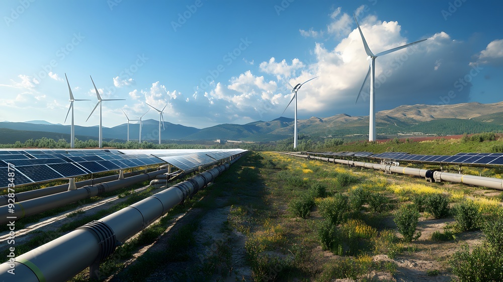 A field of wind turbines and solar panels. Scene is one of progress and ...