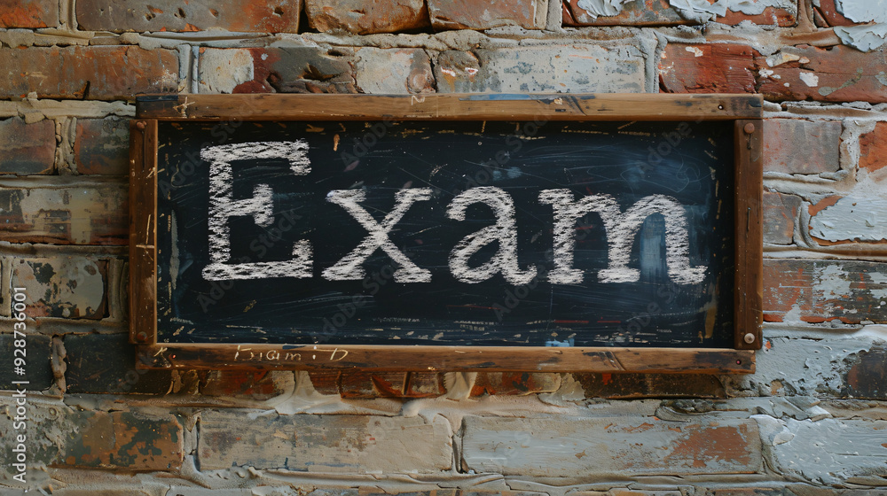 Vintage brick wall background with a blackboard and the word exam ...
