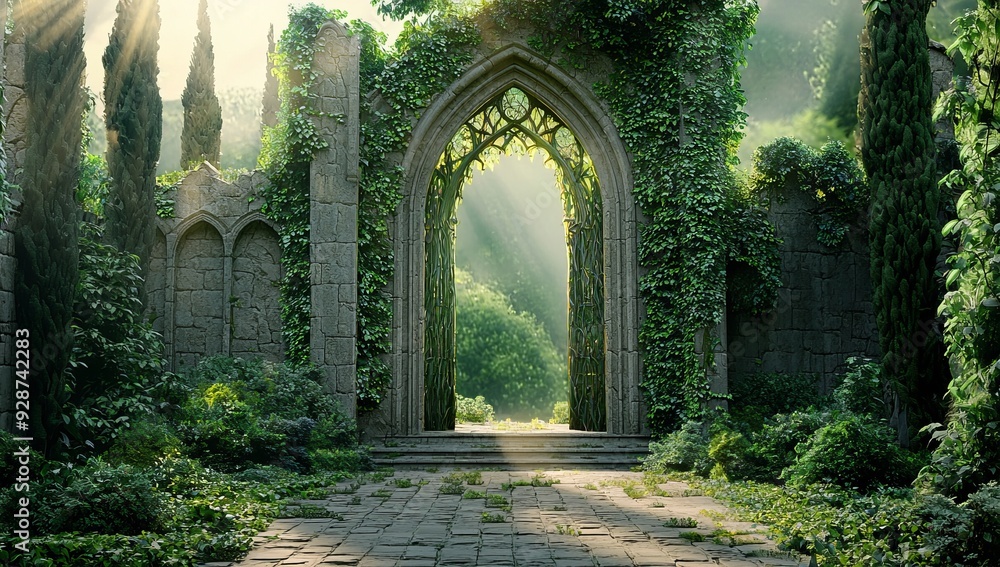 In the fantasy world, ancient magical stone gates show another ...