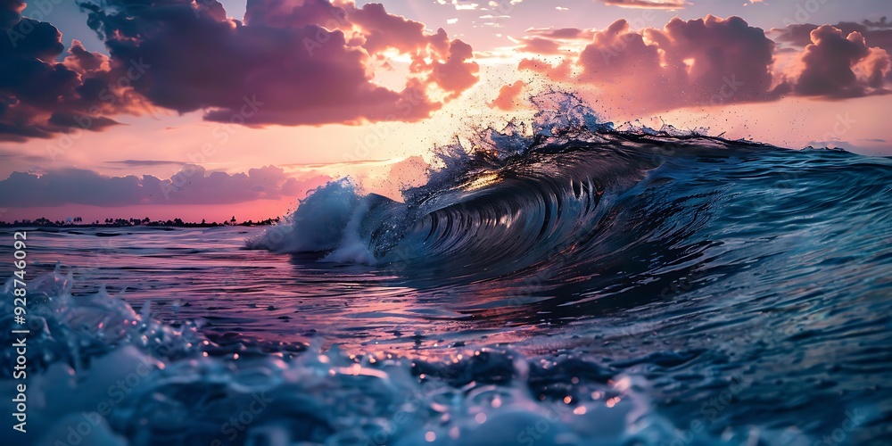 Sunset colors shimmering on a breaking wave with a cloud-filled sky ...