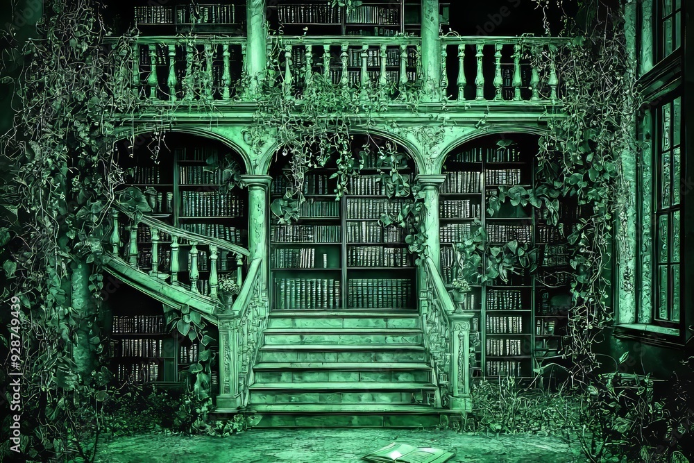 Ruins of a fantasy library in a futuristic botanical garden powered by ...