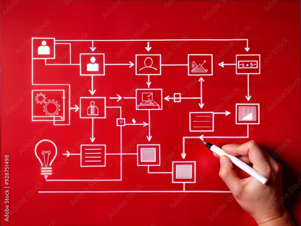 Business Process Flowchart on Red Background: A hand draws a detailed ...
