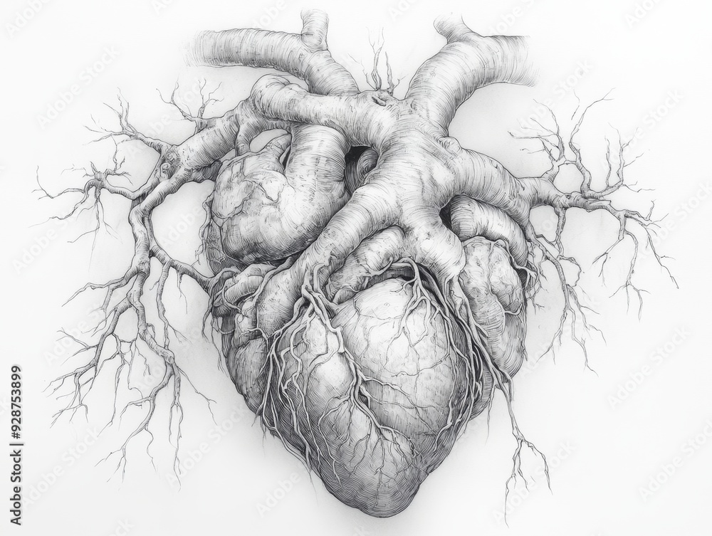 Intricate pencil sketch of a human heart with detailed roots ...